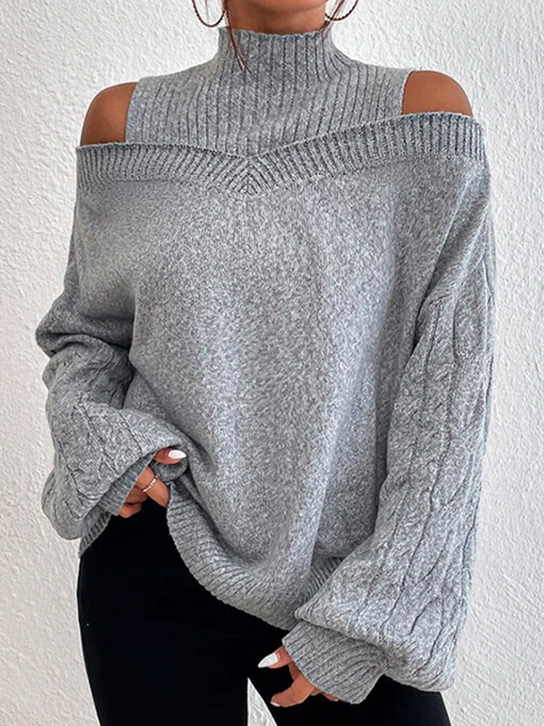 Long Sleeves Loose Hollow Solid Color Split-Joint Cold Shoulder ...