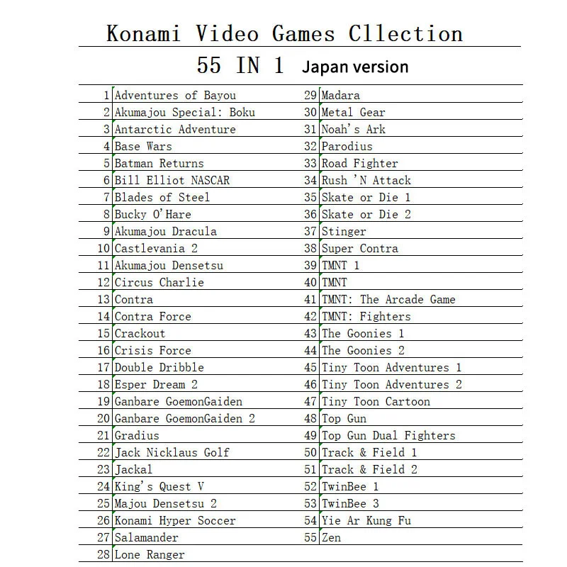 Super 55 in 1 Konami Classic Collection NES Cartridge Multicart For ...