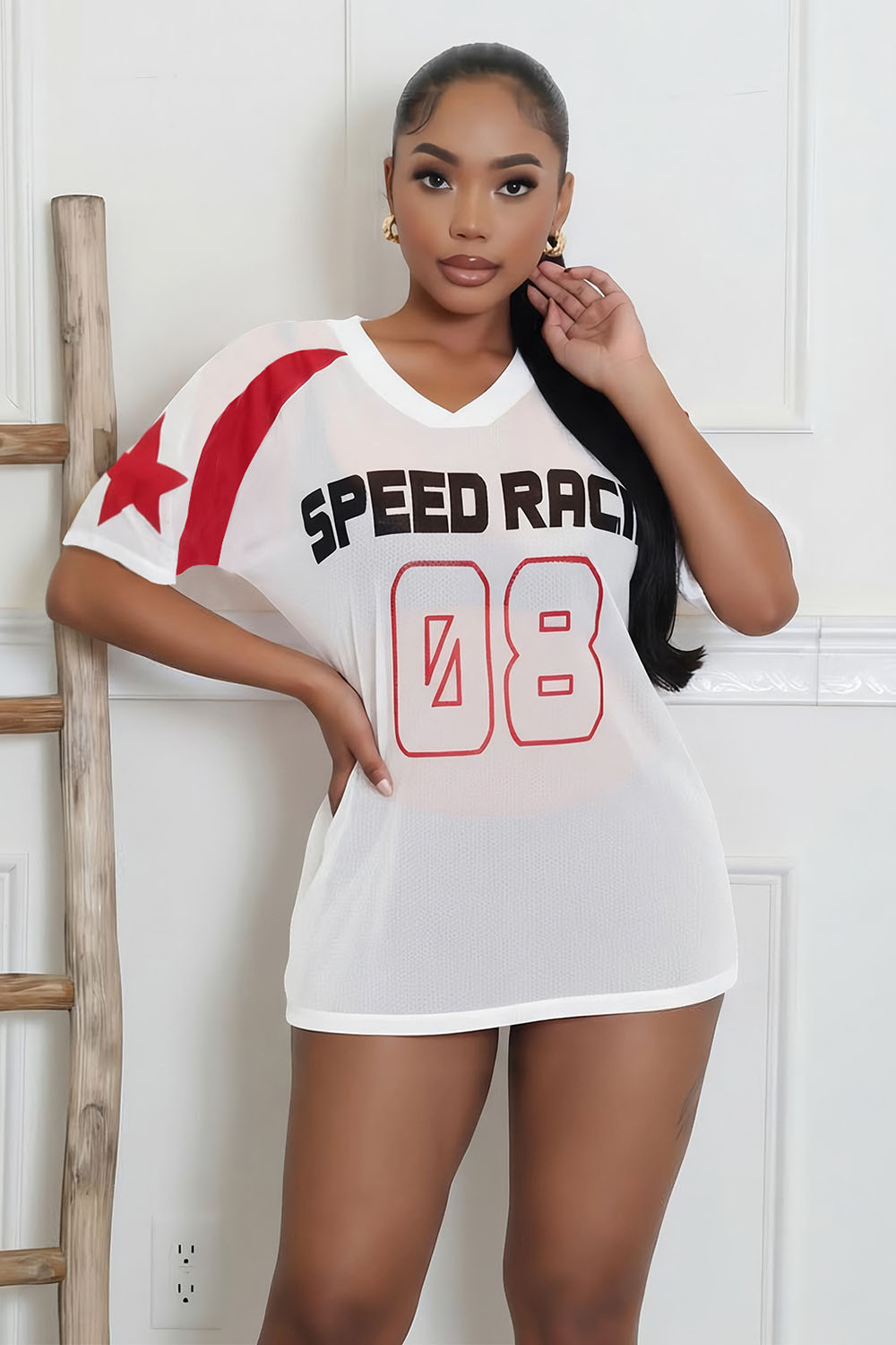 Letter Graphic Print Semi-Sheer Loose V Neck Jersey Sporty T-Shirt-White