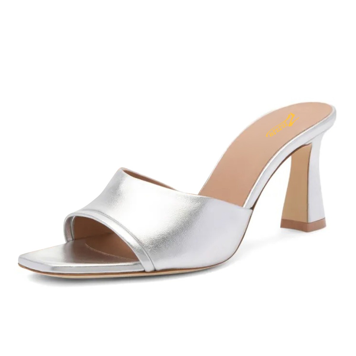 Open Square Toe Slip-On Flared Heel Mule Shoes for Women in Silver