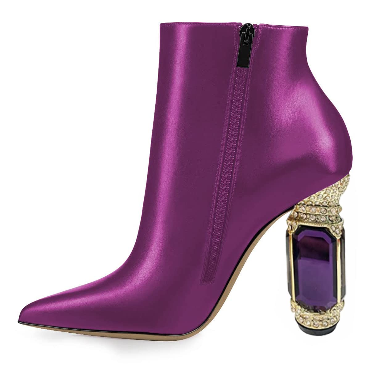 Purple Pointed Toe Zipper Ankle Boots with Decorative Heels