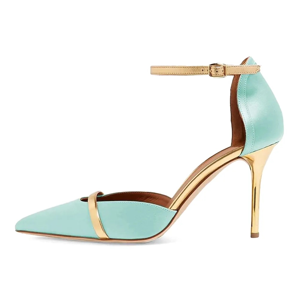Blue & Gold Satin Closed Pointed Toe Pumps With Stiletto Heels