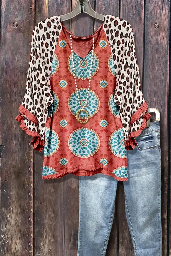 Vintage Geo Print Leopard Sleeve Top