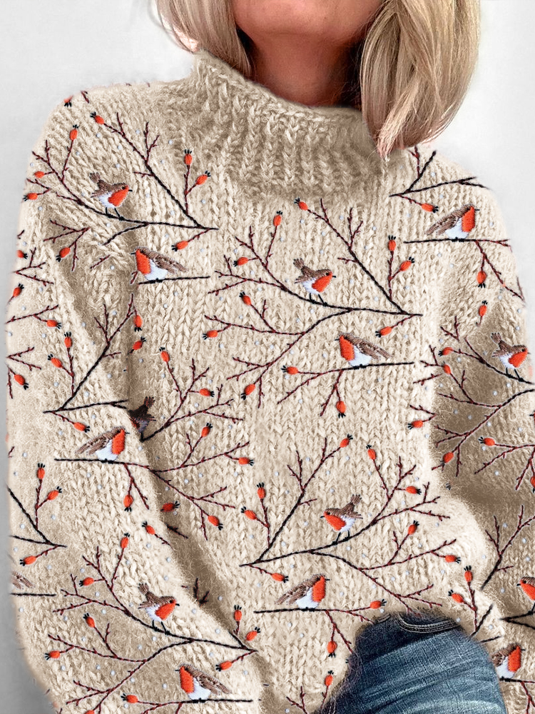 Winter Birds On Branches Embroidered Cozy Turtleneck Sweater