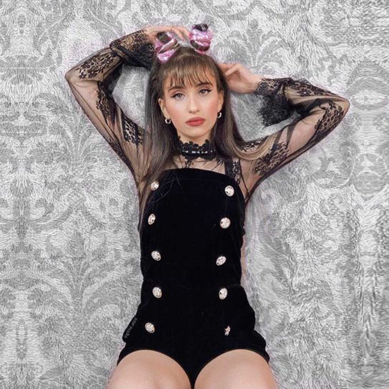 Lace Mesh Top and Velvet Shorts Set - GothBB 2022 free shipping available