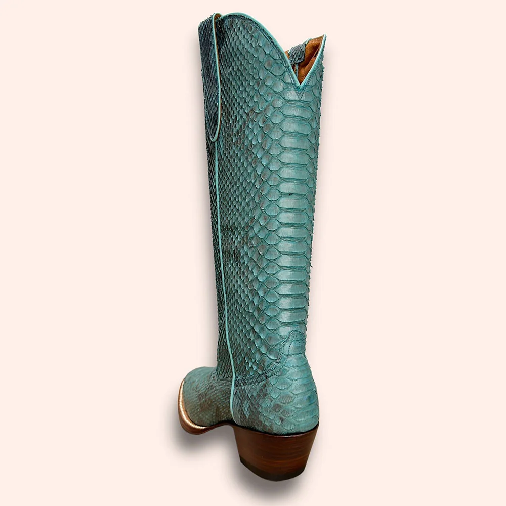 Turquoise Python Embossed Knee-High Cowgirl Boots with Chunky Heel
