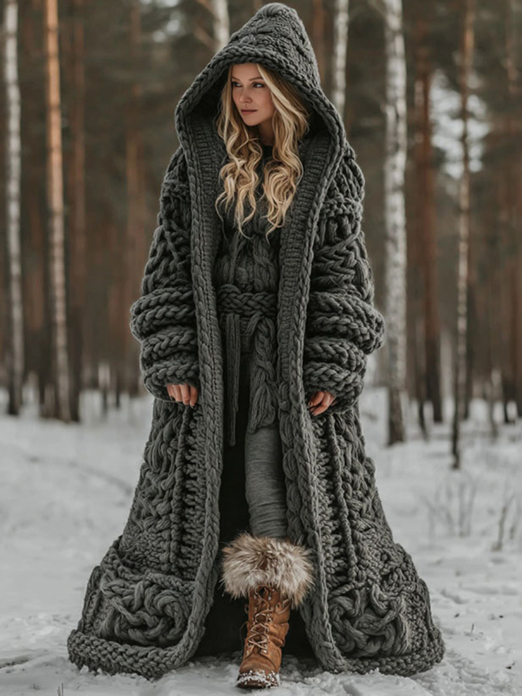 Women's Viking Celtic Knot Jacquard Art Hooded Knit Cardigan