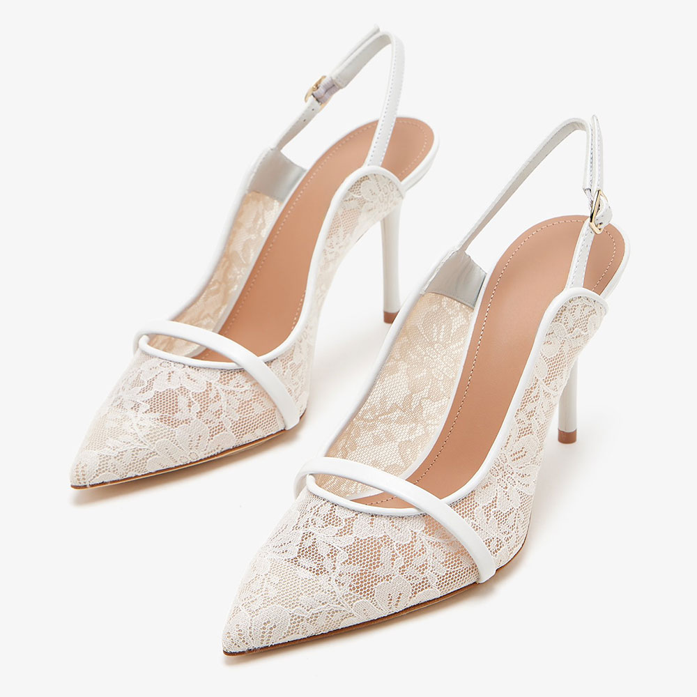 White Mesh Pointed Toe Slingback Wedding Heels with Floral Embroidery