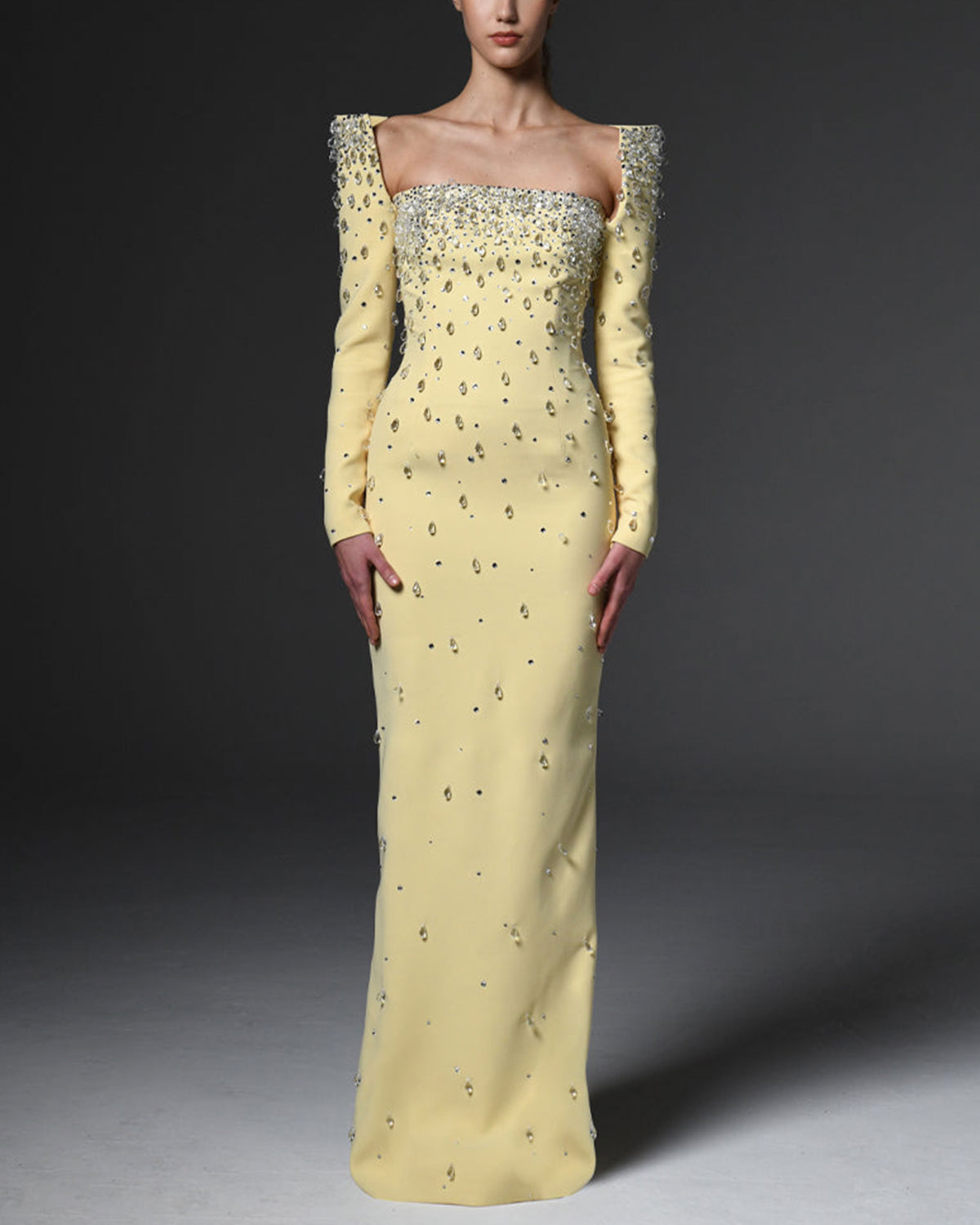 Fully embroidered yellow dress with structured sleeves