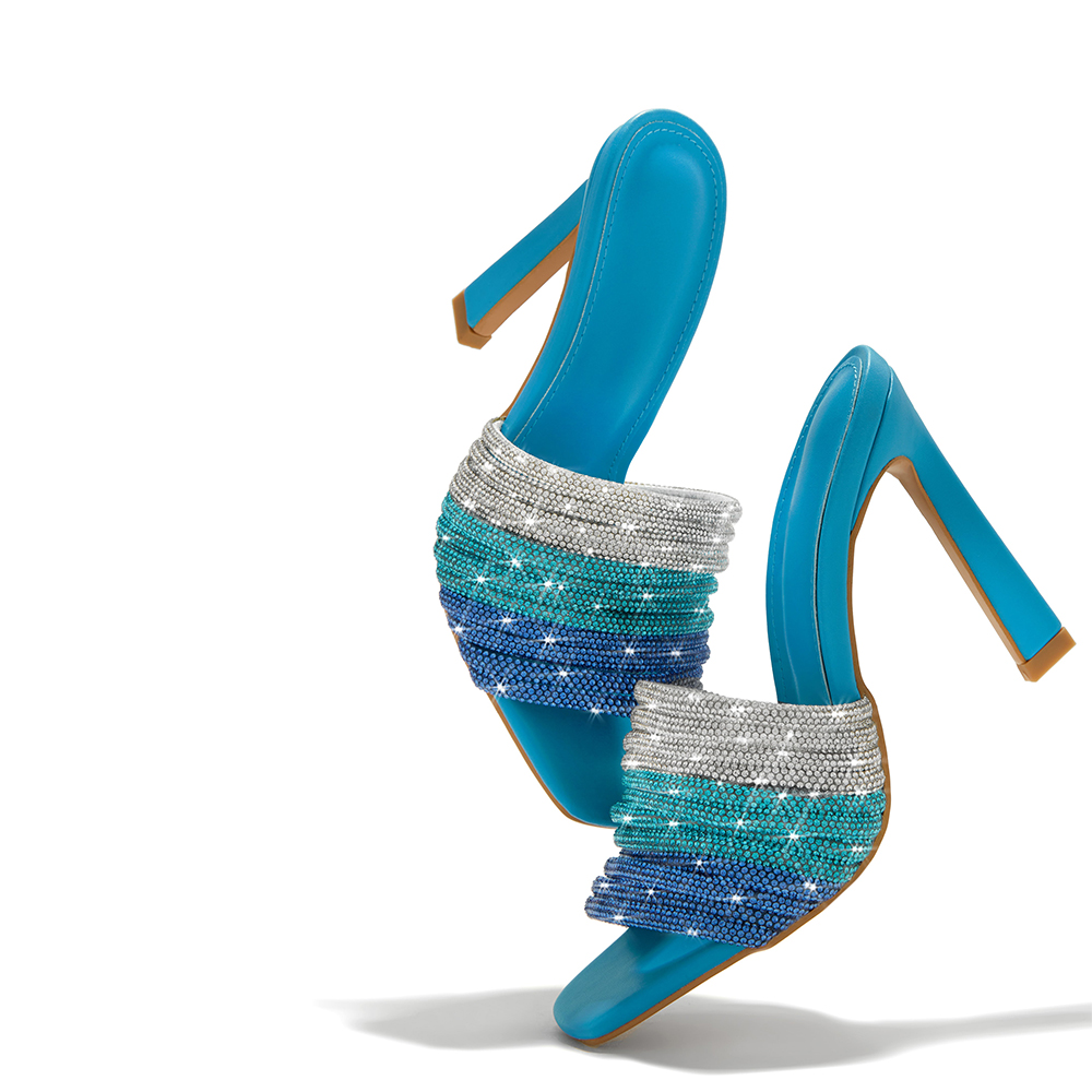 Blue Opened Square Toe Rhinestone Strappy Mules With Stiletto Heels