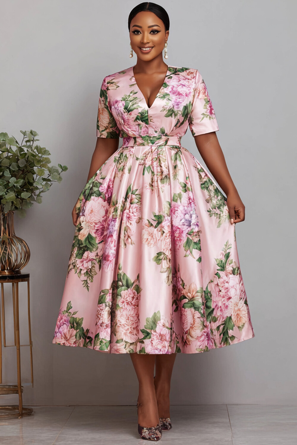 Xpluswear Design Plus Size Cocktail Party Pink Floral V Neck Short ...