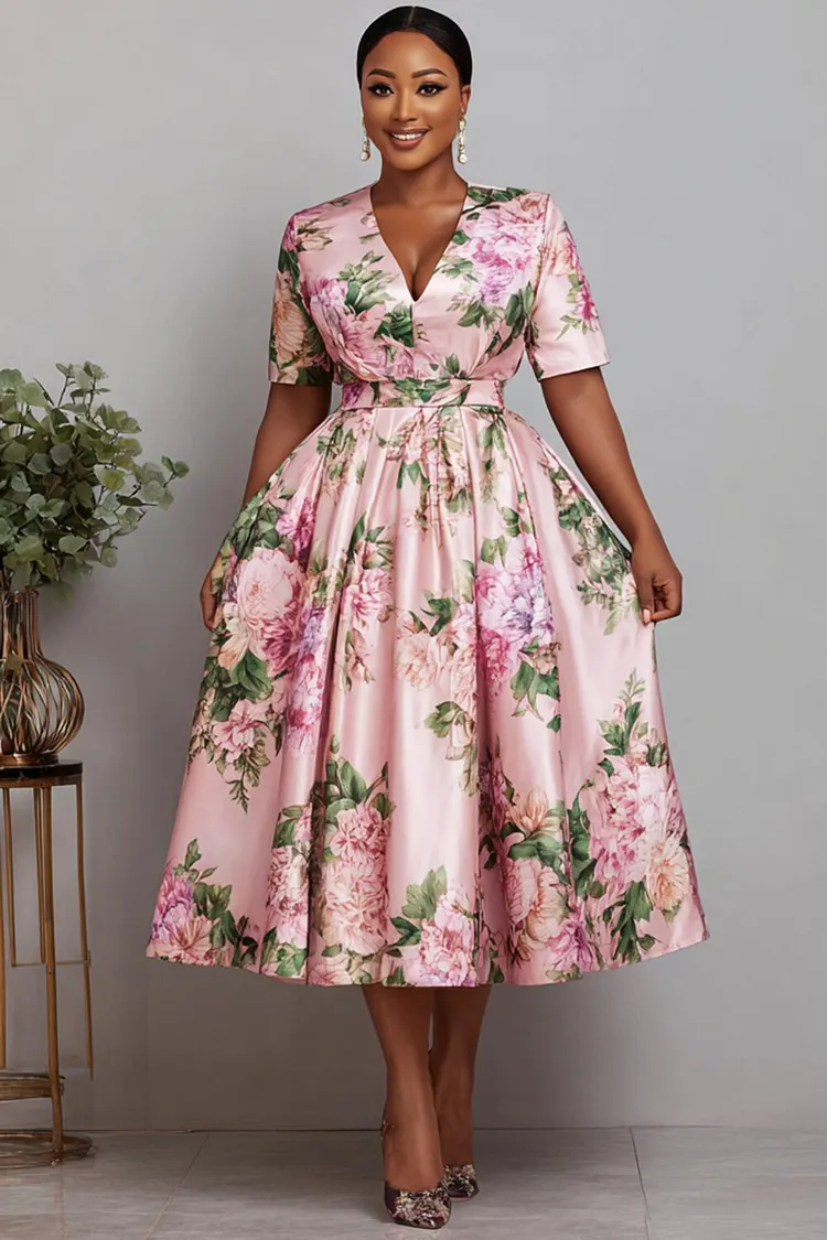 Xpluswear Design Plus Size Cocktail Party Pink Floral V Neck Short ...
