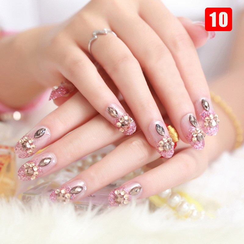24pcs Ladies Fake Nails Transparent Floral Beads Decor DIY Bride False ...