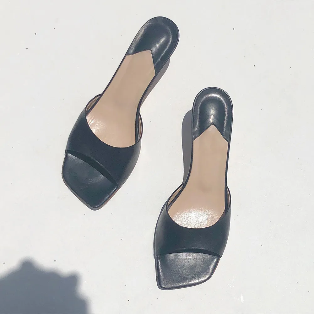 Black Open Square Toe Wide Band Kitten heel Mules for Women