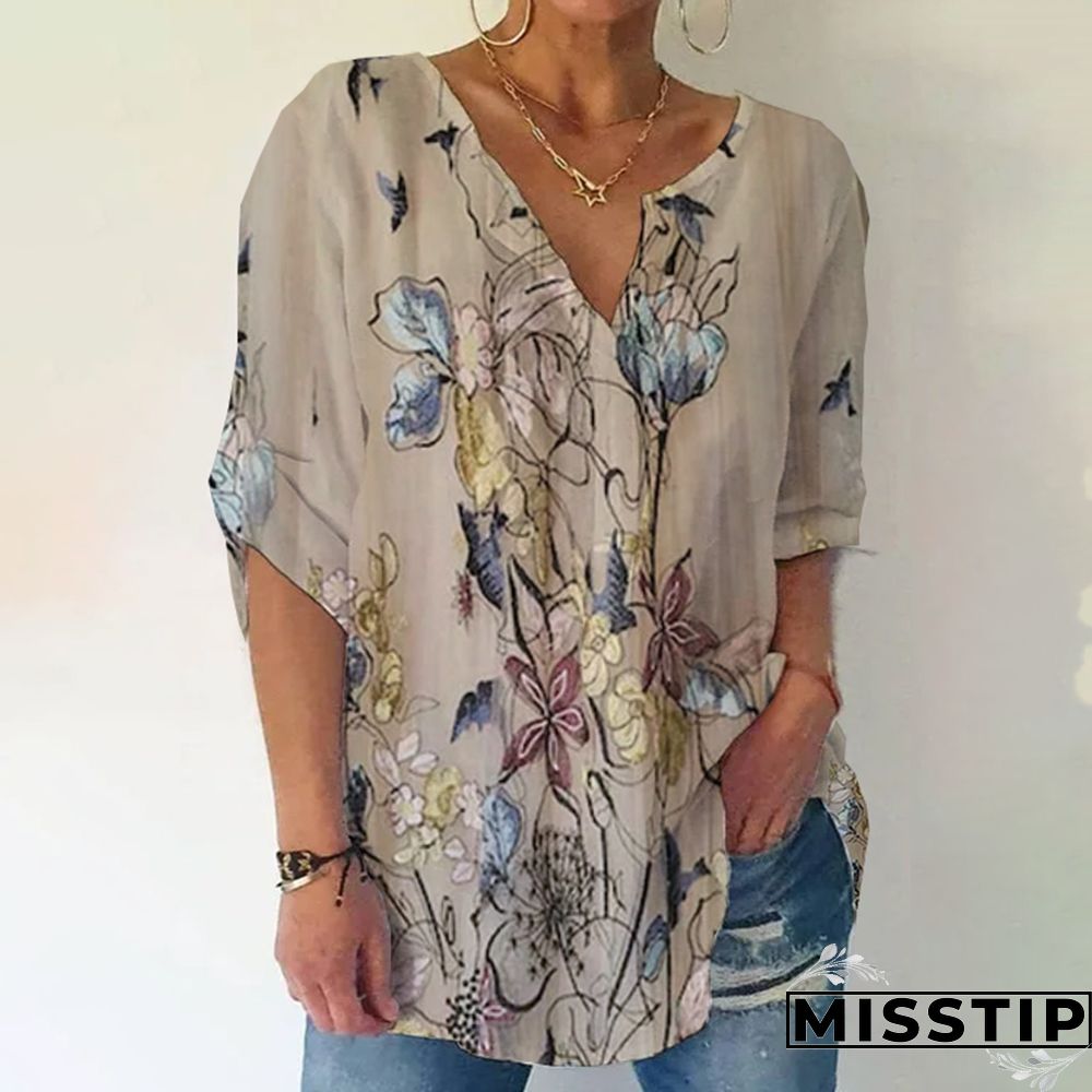 Retro Apricot Plant Print Short Sleeve V-Neck Top - MissTip