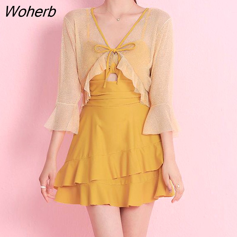Woherb New Summer Women Y2K Lace Up Ruffle Fairy Sweet Sexy Hollow Slim ...