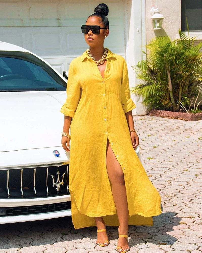 Solid Color Buttons Down Side Slit Shirts Maxi Dresses