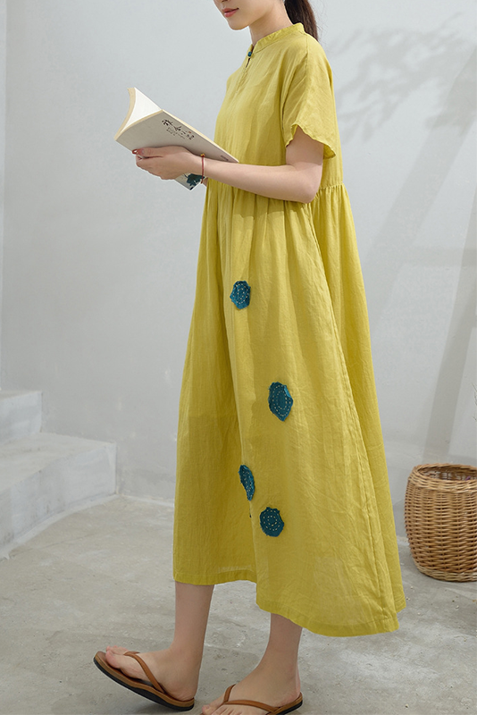 Summer Linen Vintage Patch Dress
