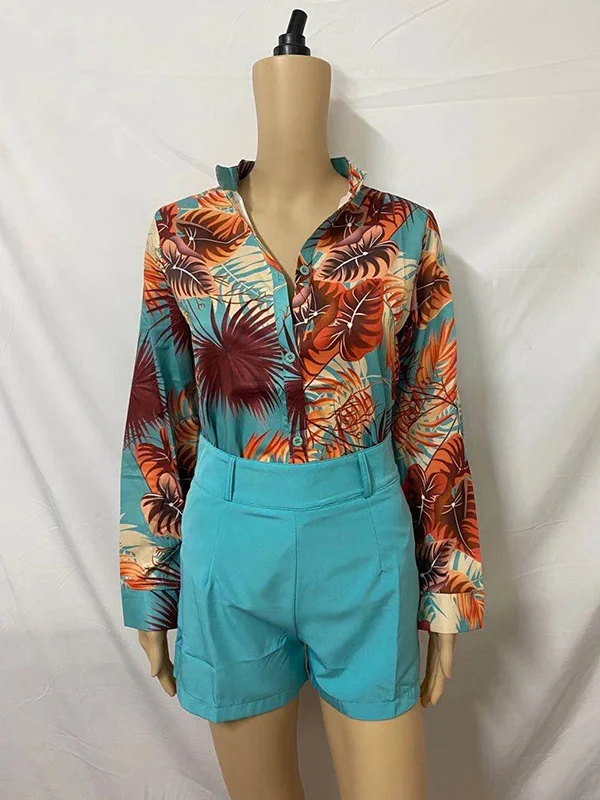 Floral Elegance Long Sleeves Deep V Neck Shirt Top With Belted Shorts Set