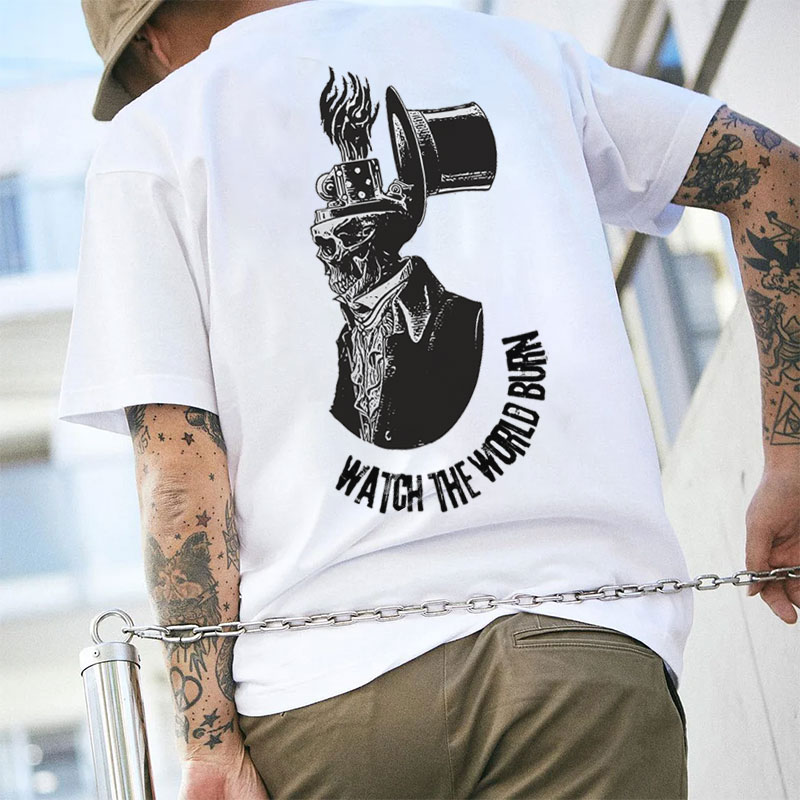 WATCH THE WORLD BURN Skeleton White Print T-Shirt