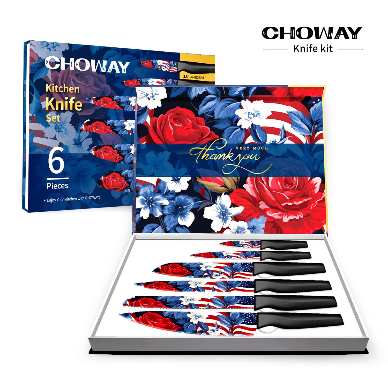 Rose with US Flag 6-Piece Kitchen Knife Set