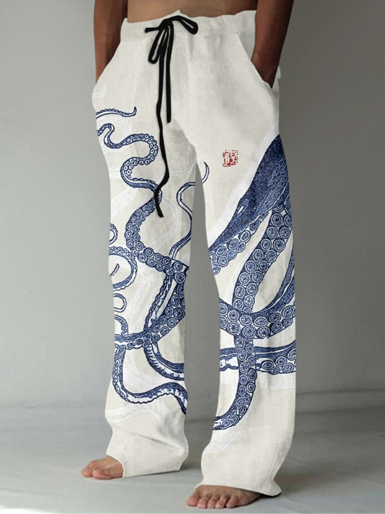 Japanese Art Octopus Graphic Linen Blend Casual Pants