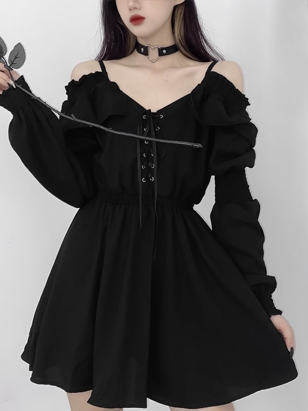 Dark Clothing Gothic Drawstrings Spaghetti Cami Little Black Dress