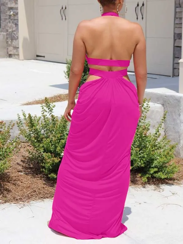 Solid Halter Slit Dress