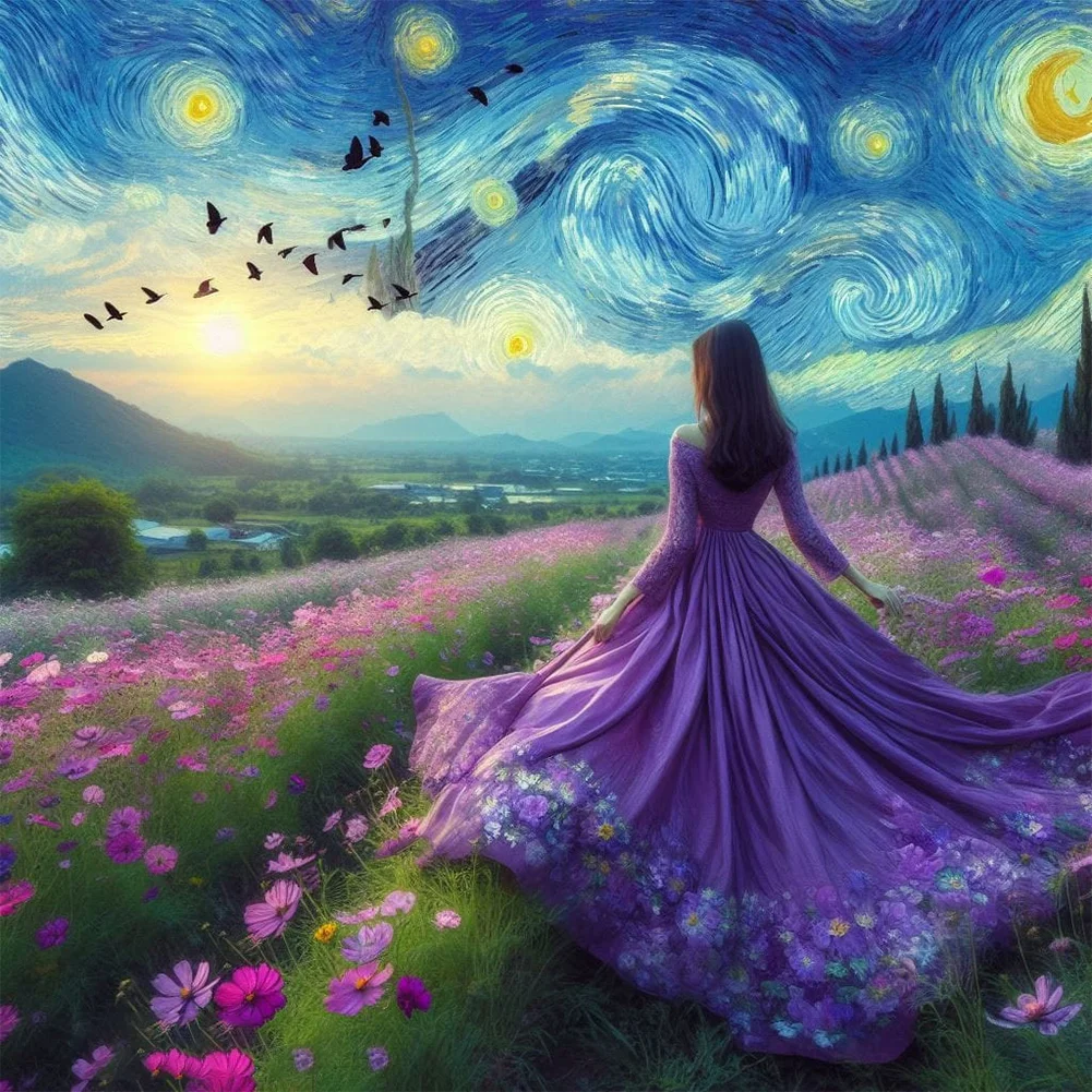 Van Gogh Starry Night Flower Girl Back (velvet cloth) Fairy Dust Drills ...