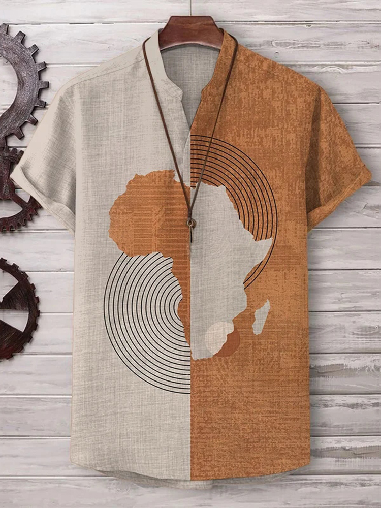 Men's Africa Map Colorblock Geometric Art Linen Blend Cozy Shirt