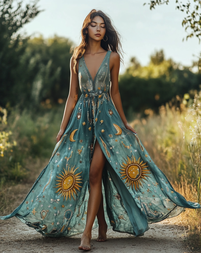 Elegant Embroidery Sun And Moon Mesh Dress 40d6