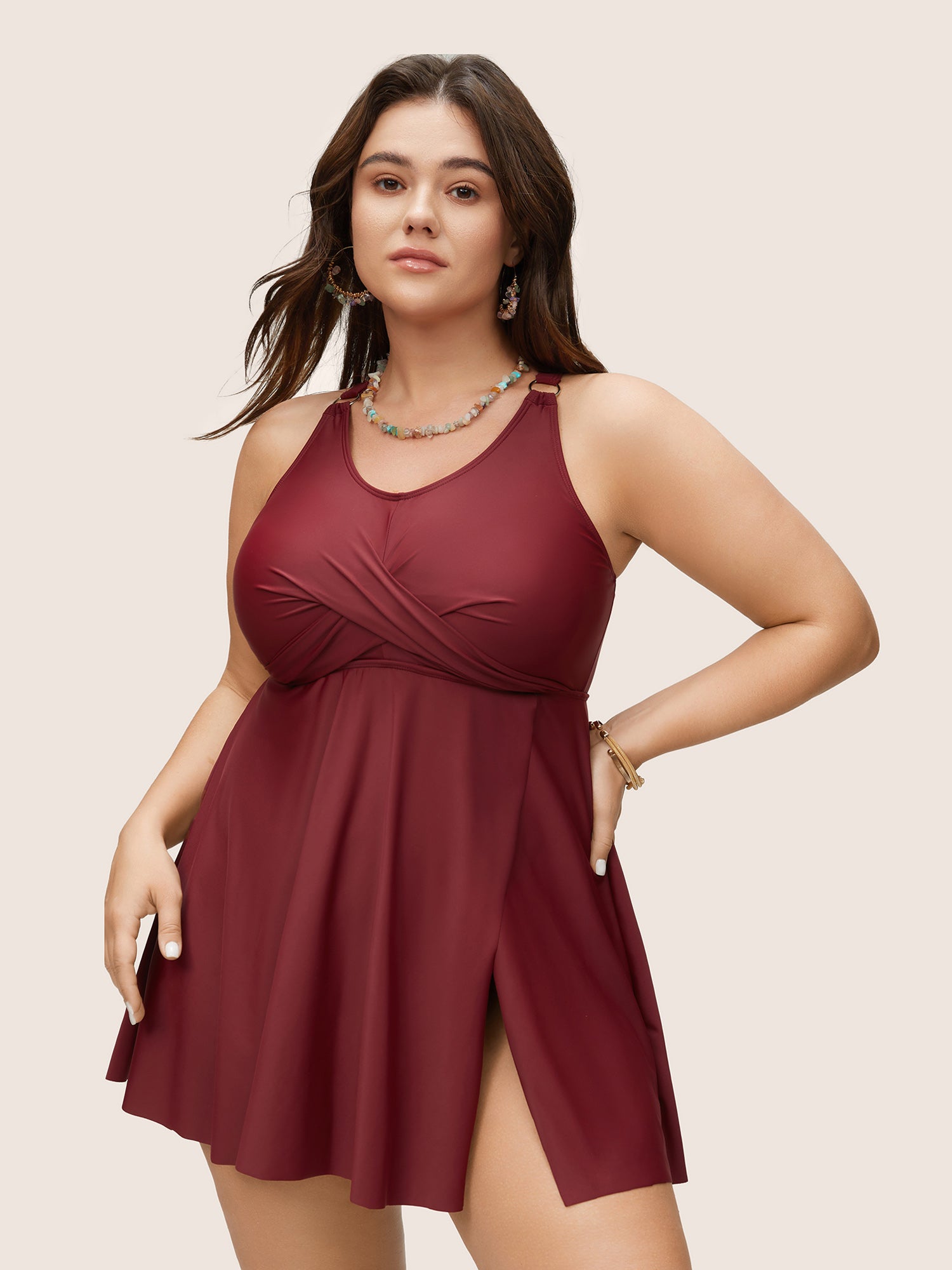 Solid Crossover Tummy Control Split Hem Swim Dress