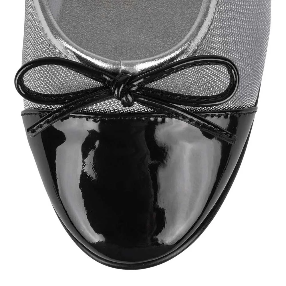 Black Patent Leather Silver Mesh Round Toe Bow Inlay Ballet Flats