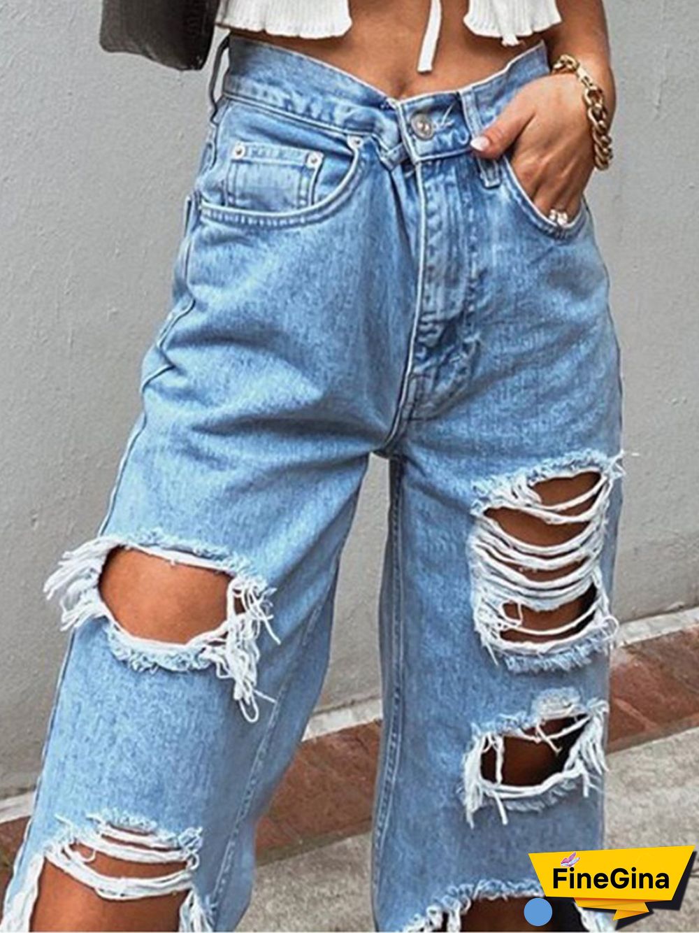 FineGina Statement Ripped Solid Pockets Plus Size Casual Denim Jeans