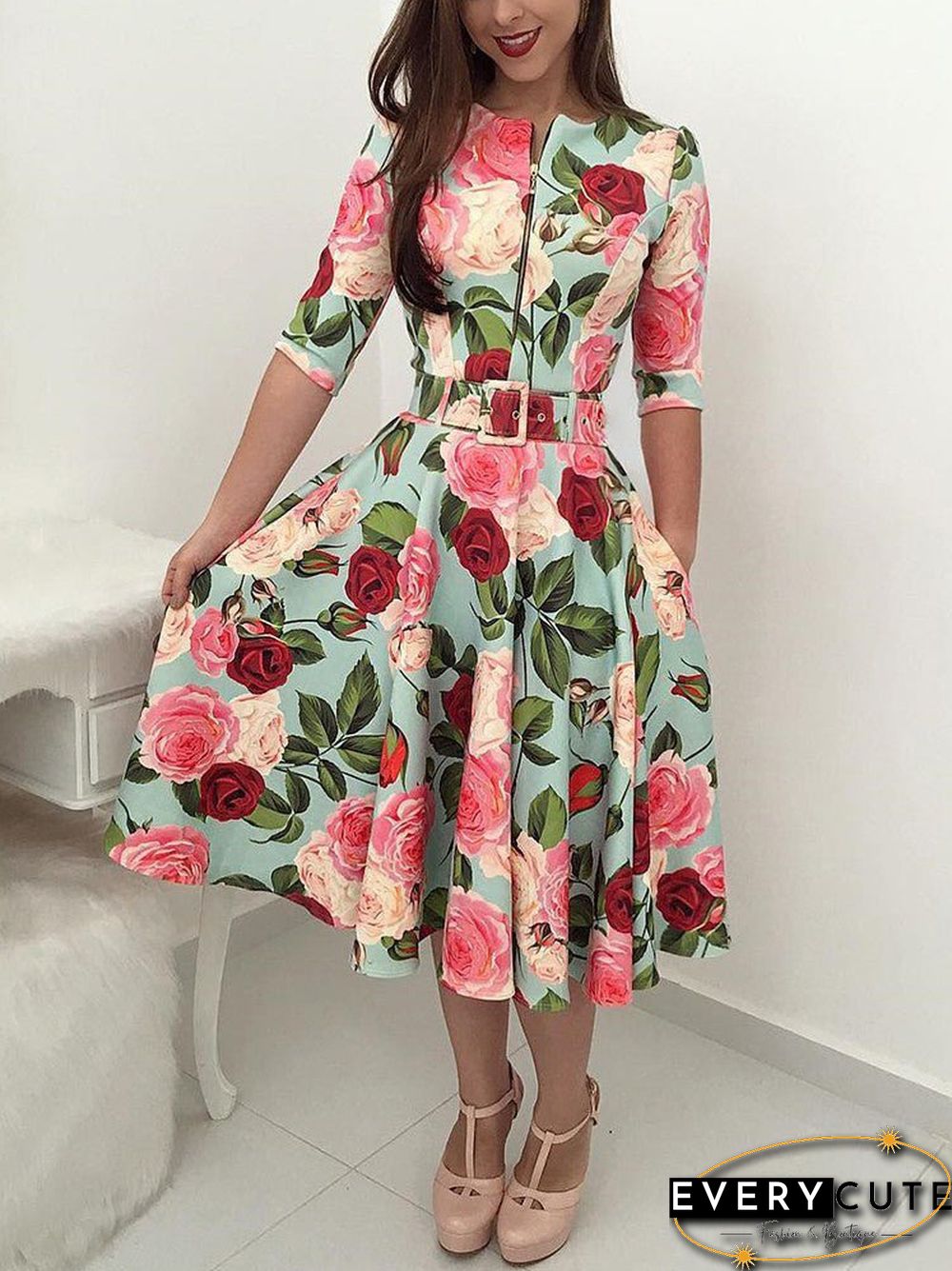Women'S Dresses Zip Floral Print Half Sleeve Dress