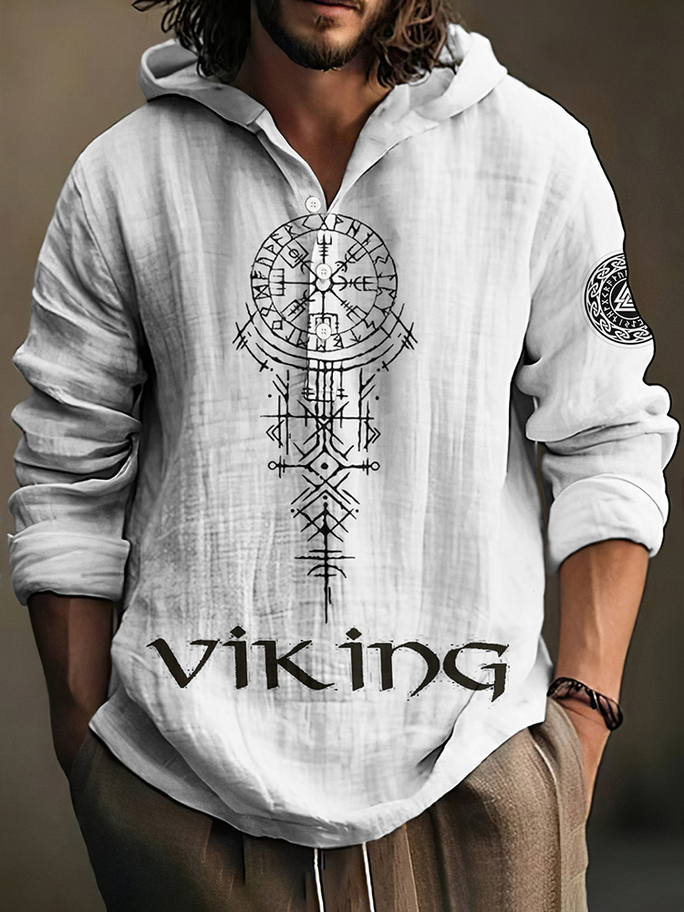 Funbibi Vintage Viking Art Men's Linen Hooded Shirt