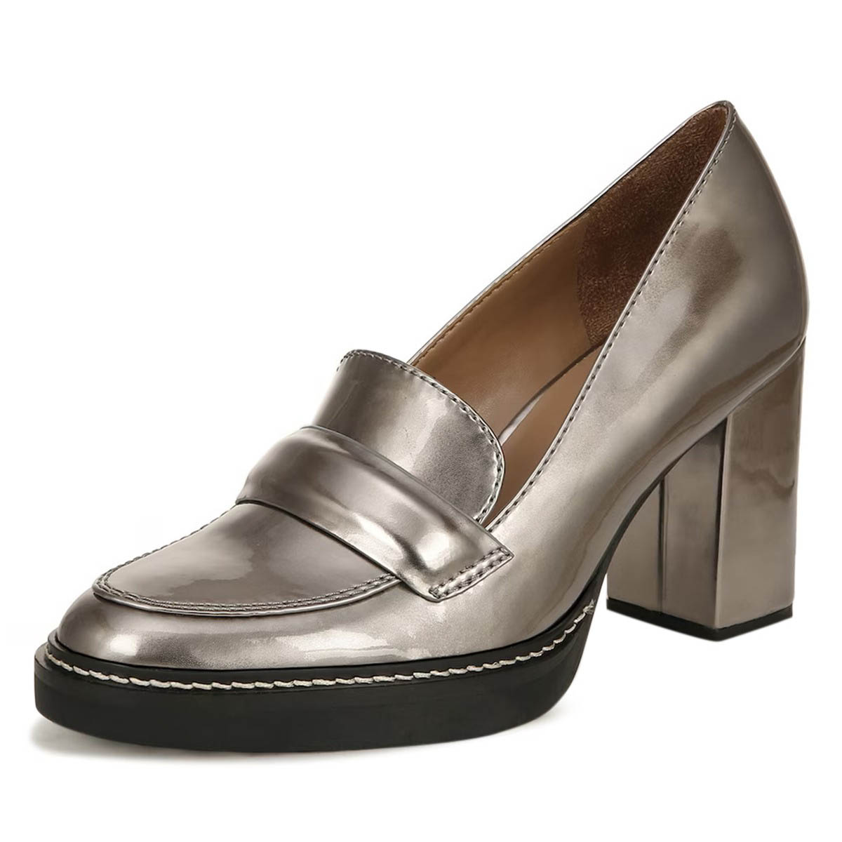 Grey Metallic Chunky Heel Slip On Platform Loafers with Stitching