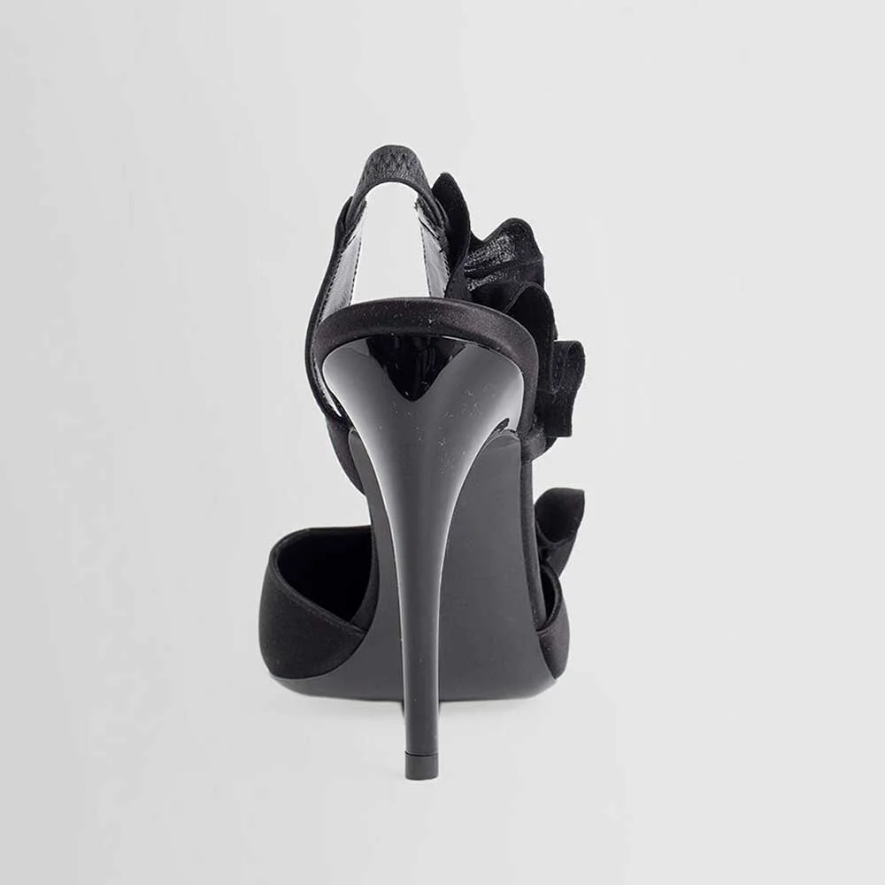 Black Satin Pointed Toe Ruffled Slingback Strappy Pumps With Stiletto Heels