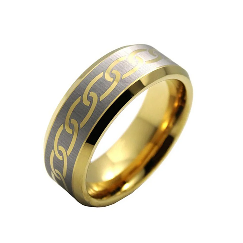 Gold Men Tungsten Carbide Rings Bevel Edge Laser Chains Pattern 8MM ...