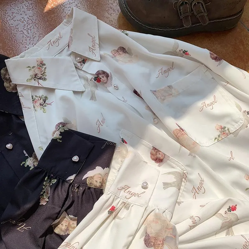 ANGEL PRINT LONG SLEEVE CHIFFON SHIRT