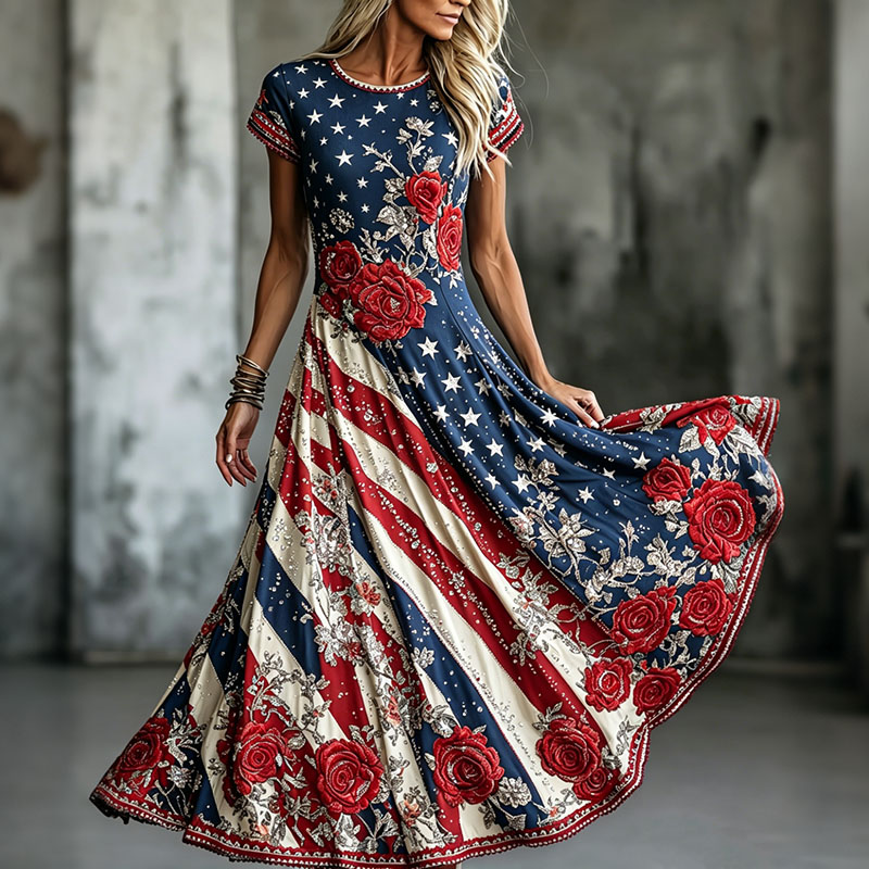 Women's Vintage Independence Day Rose Pattern Casual Crew-neck Dress 38.99