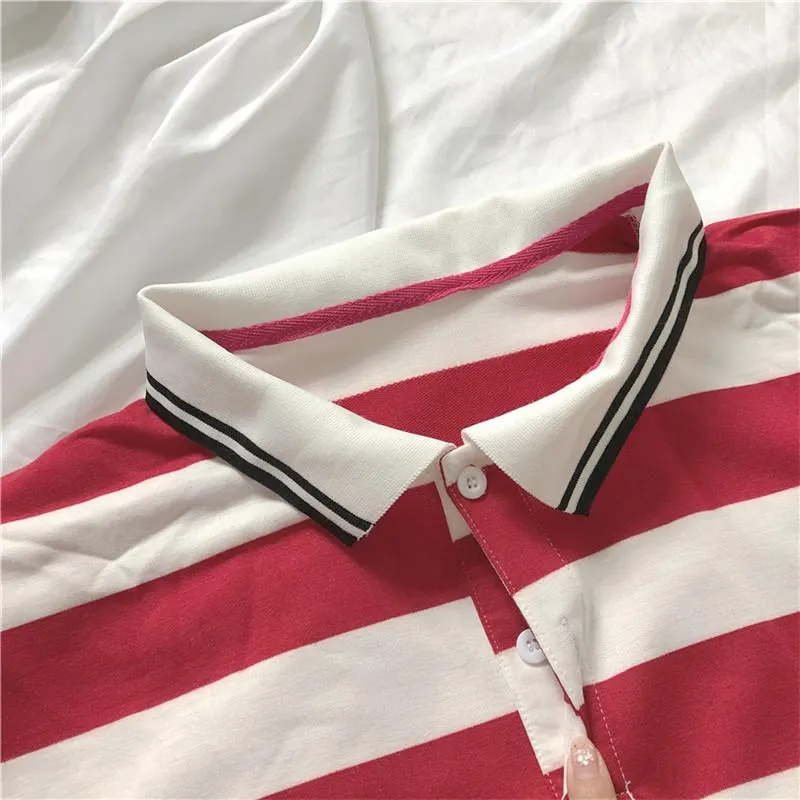 STRIPED POLO COLLAR SPLIT LONG SLEEVE T-SHIRT
