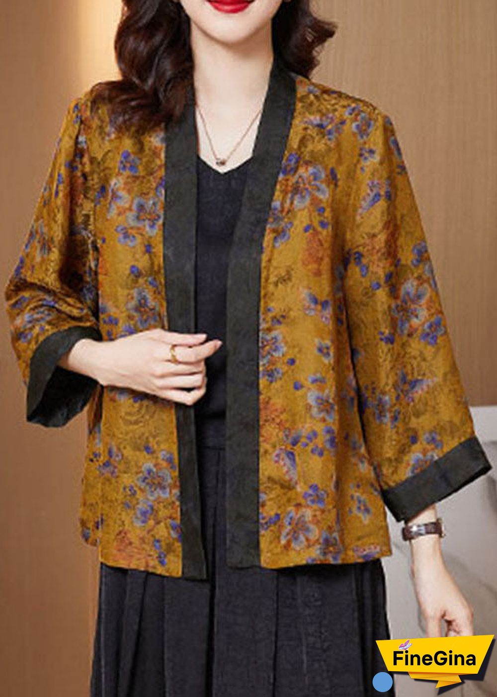 FineGina Plus Size Yellow Print Patchwork Silk Loose Cardigans Bracelet ...