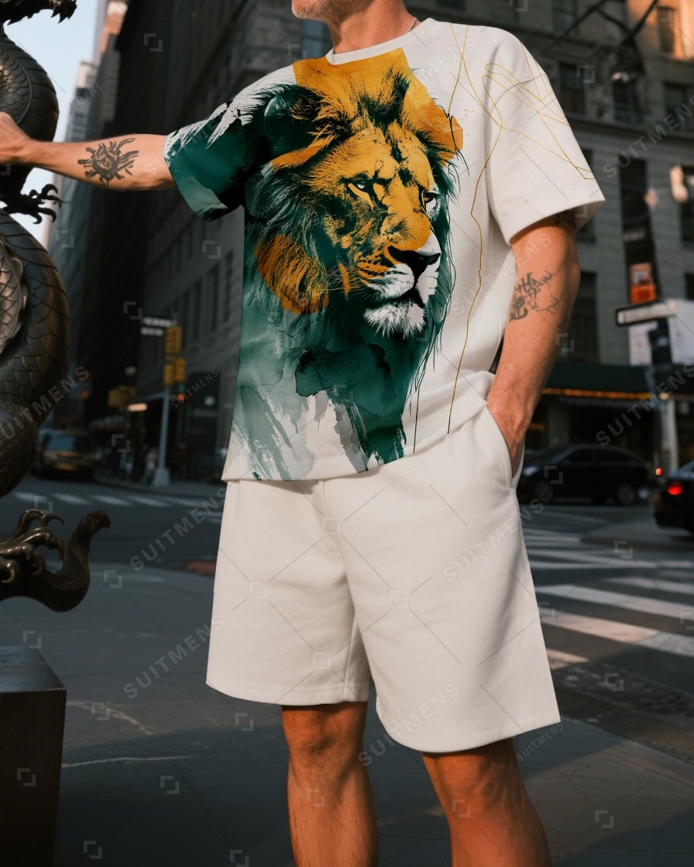 Men's Summer Colorblock Printed Round Neck Suit 014