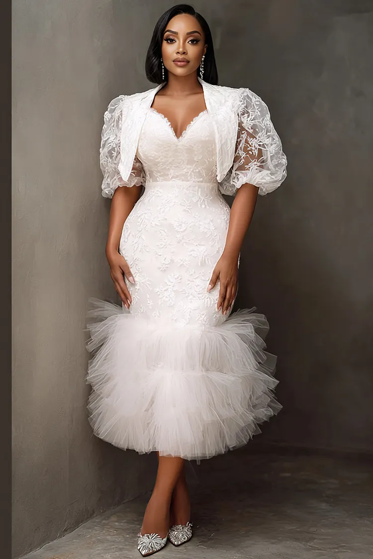 Xpluswear Design Plus Size Cocktail Party White V Neck Puff Sleeve ...