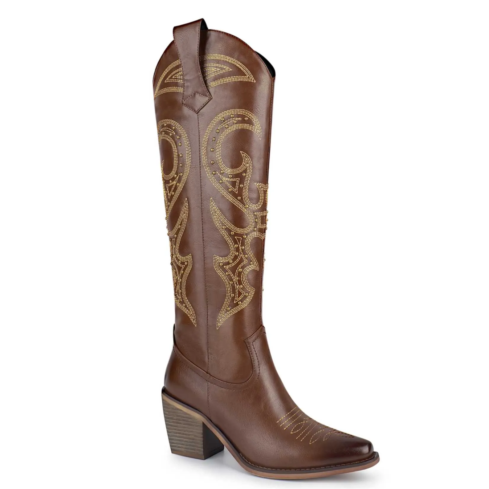 Taafo Women Shoes Texas Cowgirl Boots Brown Embroidered Knee High Boots