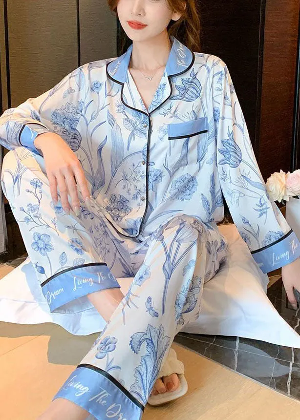 Modern Light Blue Peter Pan Collar Print Pocket Ice Silk Pajamas Two ...