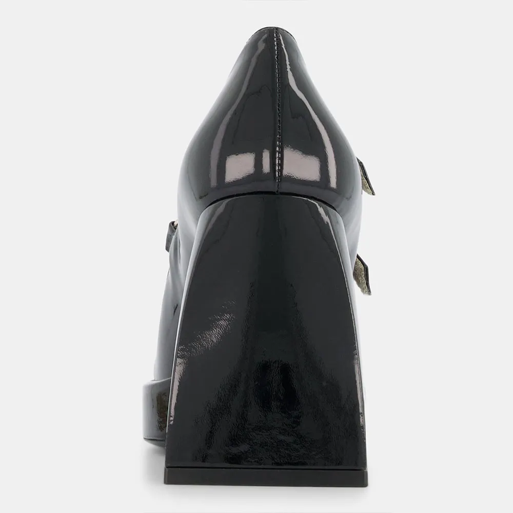 Black Patent Closed Square Toe Platform Pumps with Velcro Strap