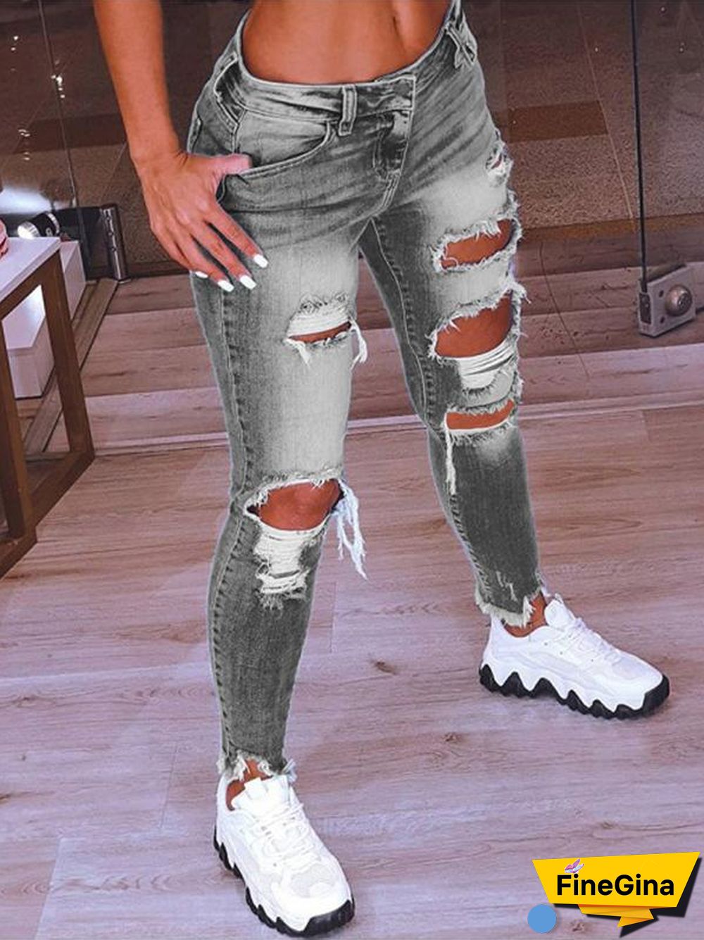 FineGina Low-Rise Hip-Lift Ripped Stretch Jeans