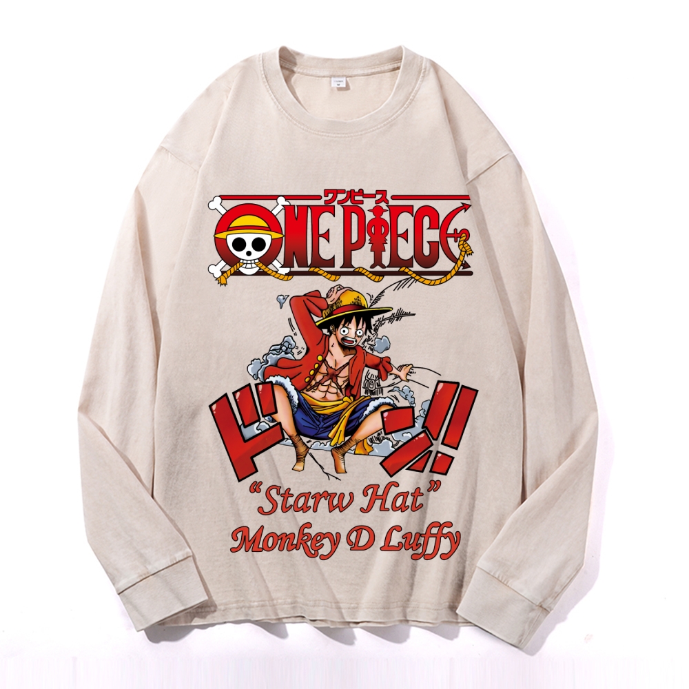 FROMSPARCOO Deep Washed Vintage Anime Print One Piece Long Sleeves T-Shirt